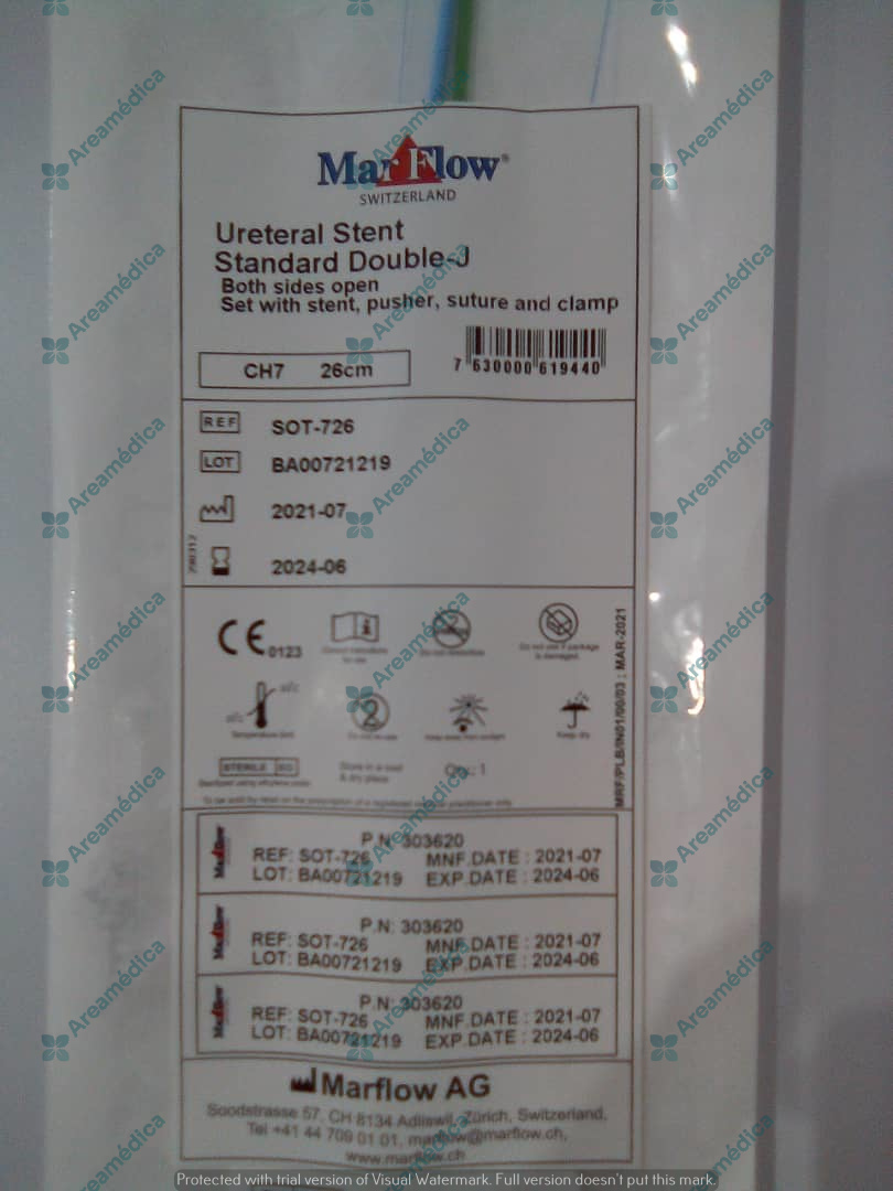 Cateter Doble J 7FR x 26CM Marca Marflow . Cateter Uretral Corta Duracion