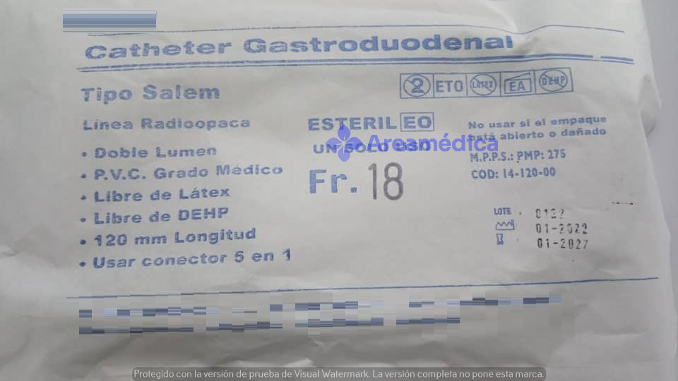 SONDA SALEM NASOGASTRICA 18FR 2 VIAS CATETER ESTERIL