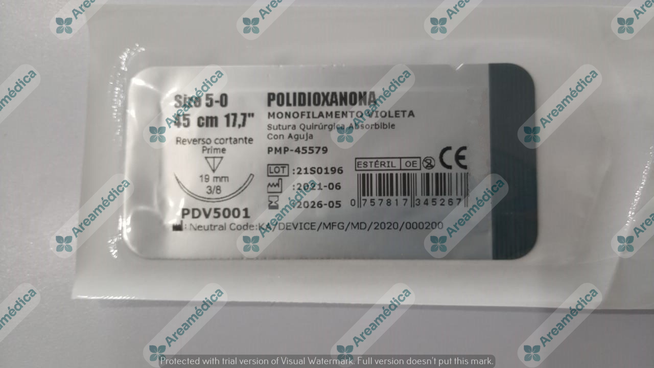 PDS 5.0 Curva Cortante Aguja 3/8C 19mm Polidioxanona 45cm Hebra Violeta PDV 5001