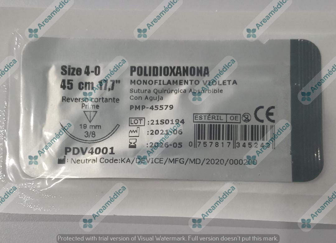 PDS 4.0 Curva Cortante Aguja 3/8C 19mm Polidioxanona 45cm PDV 4001 Sutura
