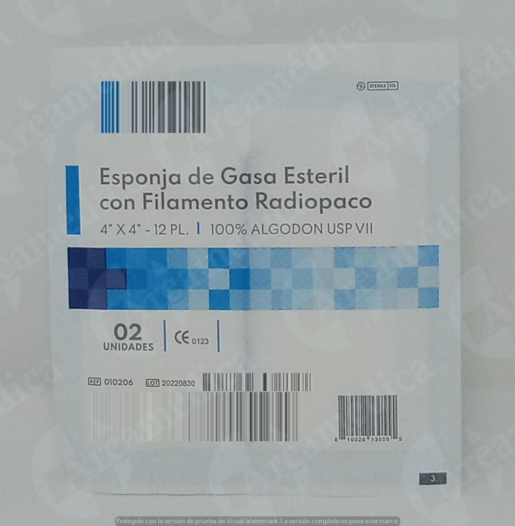 Gasa estéril 4x4 10x10cm 100% algodón radiopaca (Con RX)