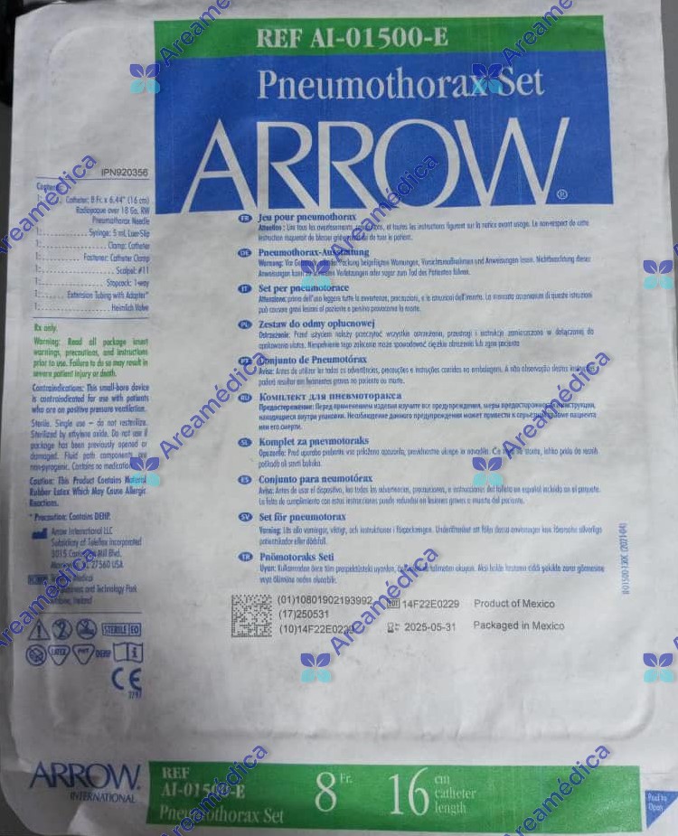 Set Cateter Neumotorax 8Fr x 16cm Arrow con Valvula de Heimlich (E )