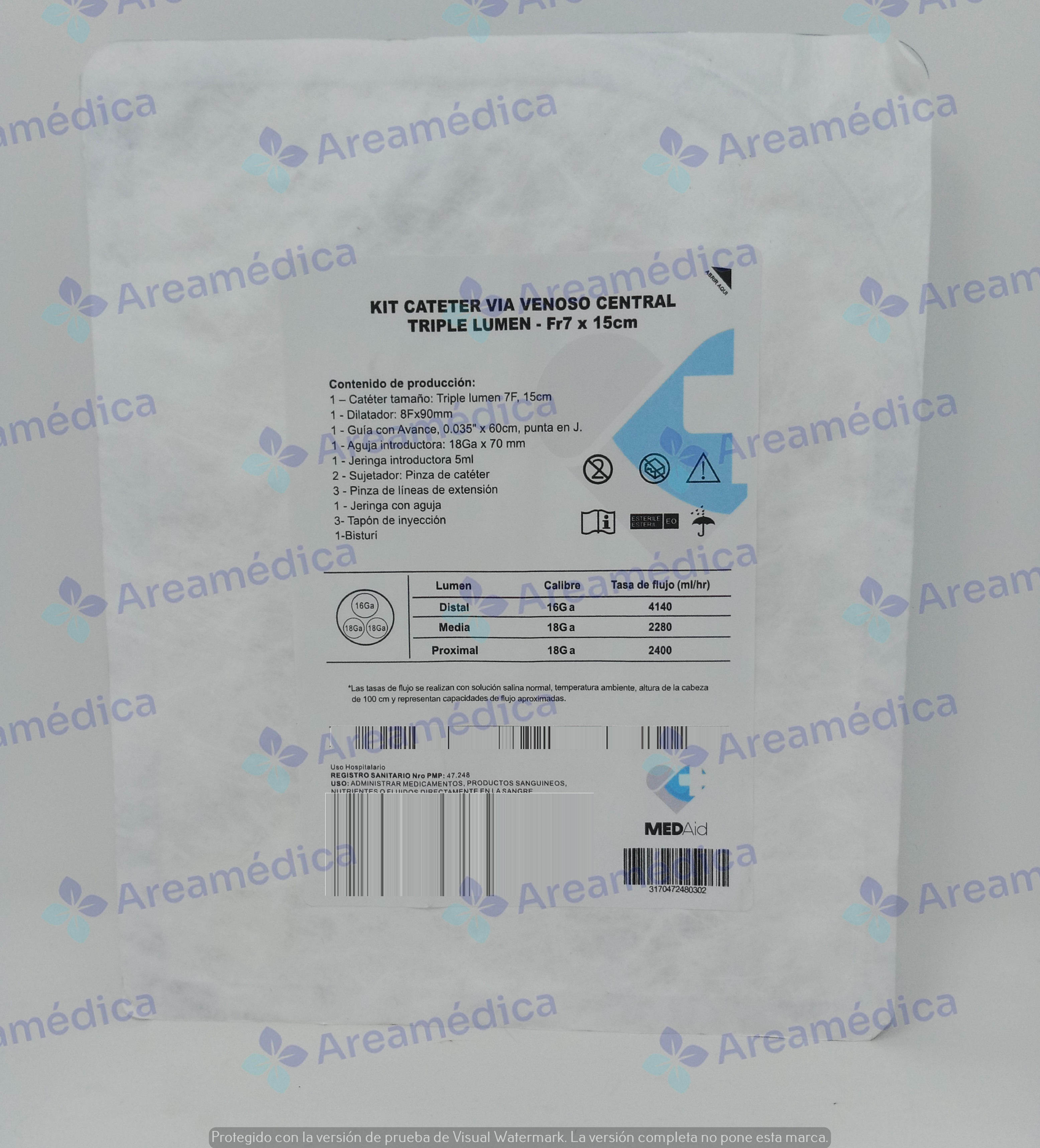 Kit cateter trilumen via central 7fr x 15cm