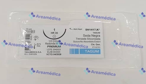 Seda Negra 1.0 Curva No Cortante 1/2C 35mm 75cm Hebra Negra Trenzada Sutura