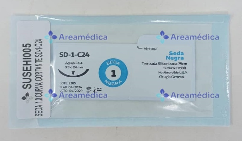 Seda 1 Curva Cortante Aguja 3/8C 24mm 75cm Hebra Negra Trenzada Sutura