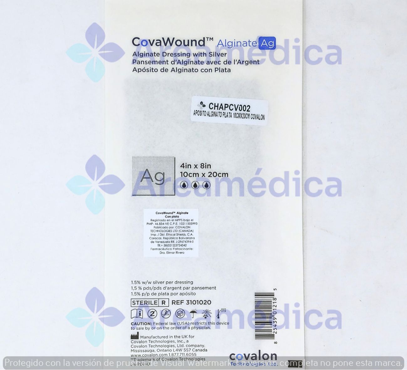 Alginato Plata 10CMX20CM 4"X8" Aposito Covalon